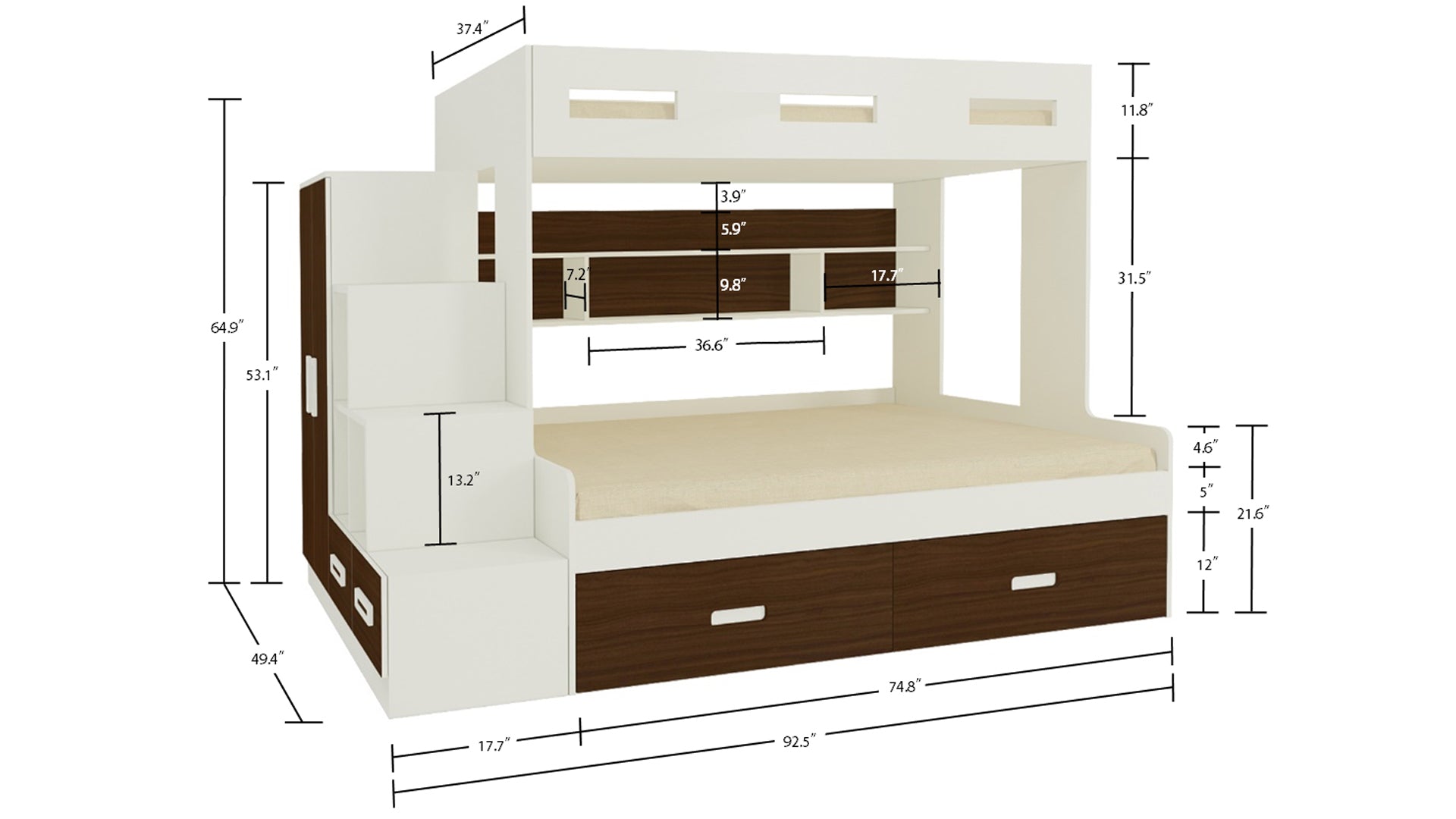 Adona Austin Twin Bunk Bed with 4 Ft Lower Bed, Left Storage Steps ...