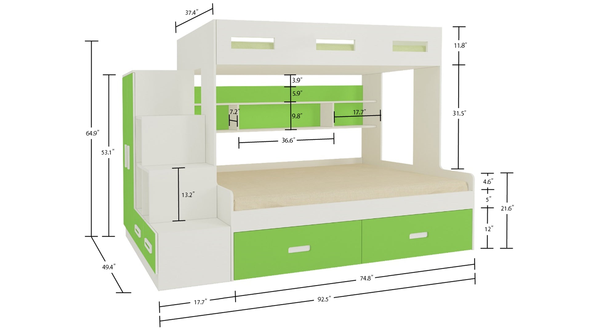 Adona Austin Twin Bunk Bed with 4 Ft Lower Bed, Left Storage Steps ...