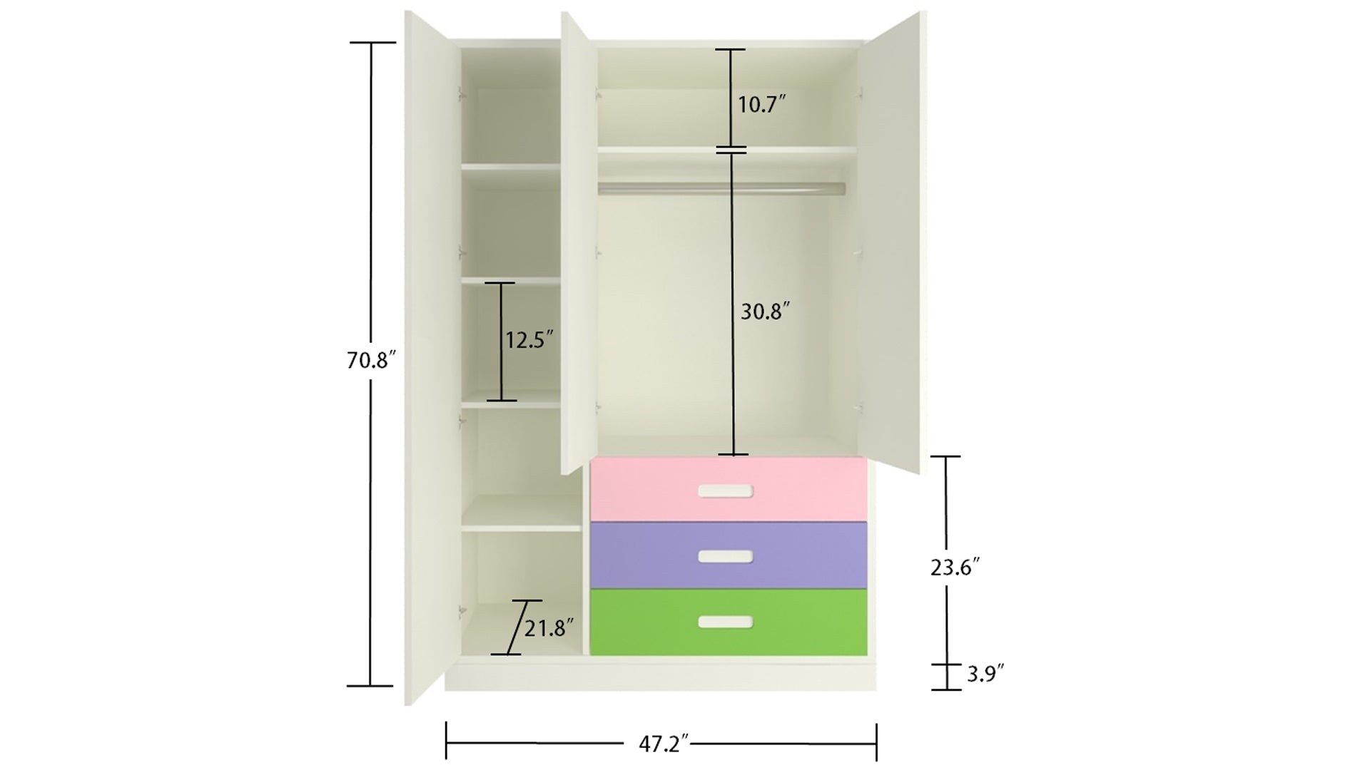 Adona Fiona 3-Door Multicolor Wardrobe with 3 Drawers Ivory Finish ...