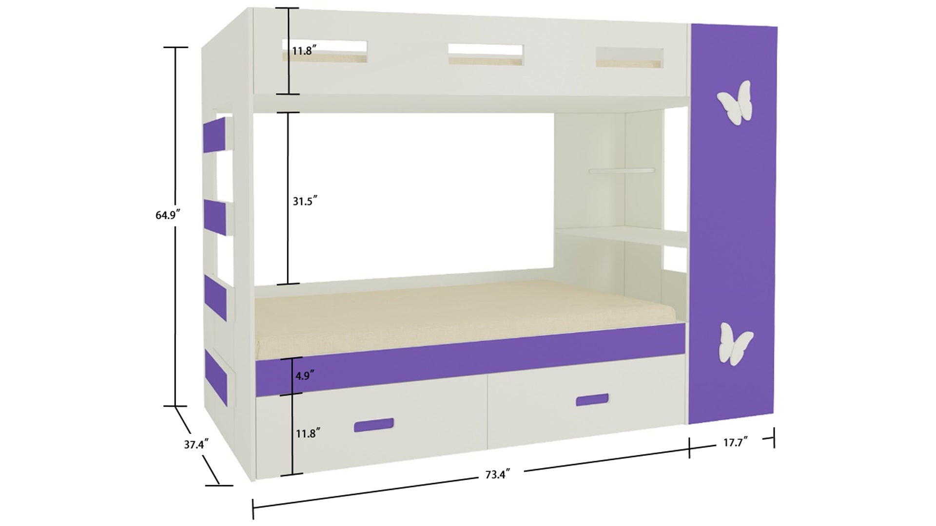 Adona Rio Butterfly Bunk Bed Left Ladder with Built-In Study Desk, Drawers, Shelves and Top ...