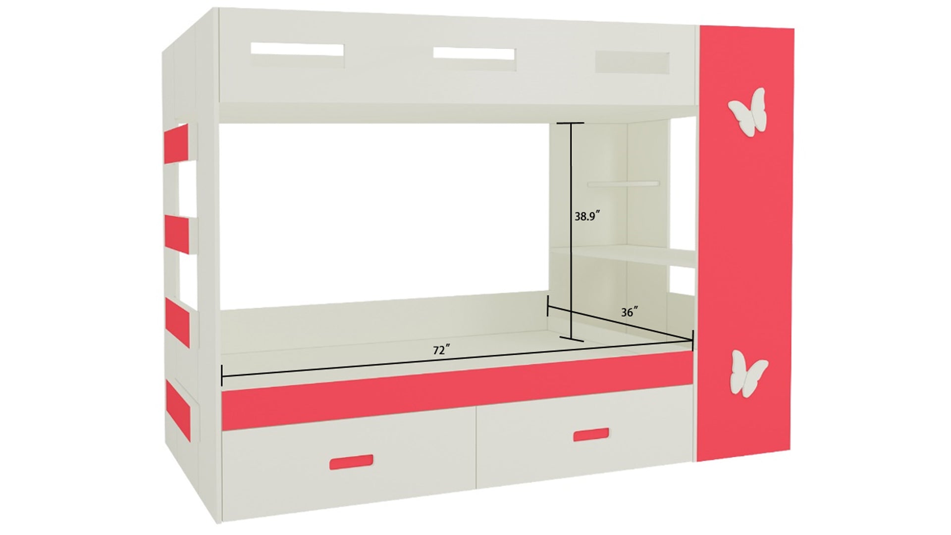Adona Rio Butterfly Bunk Bed Left Ladder with Built-In Study Desk, Drawers, Shelves and Top ...