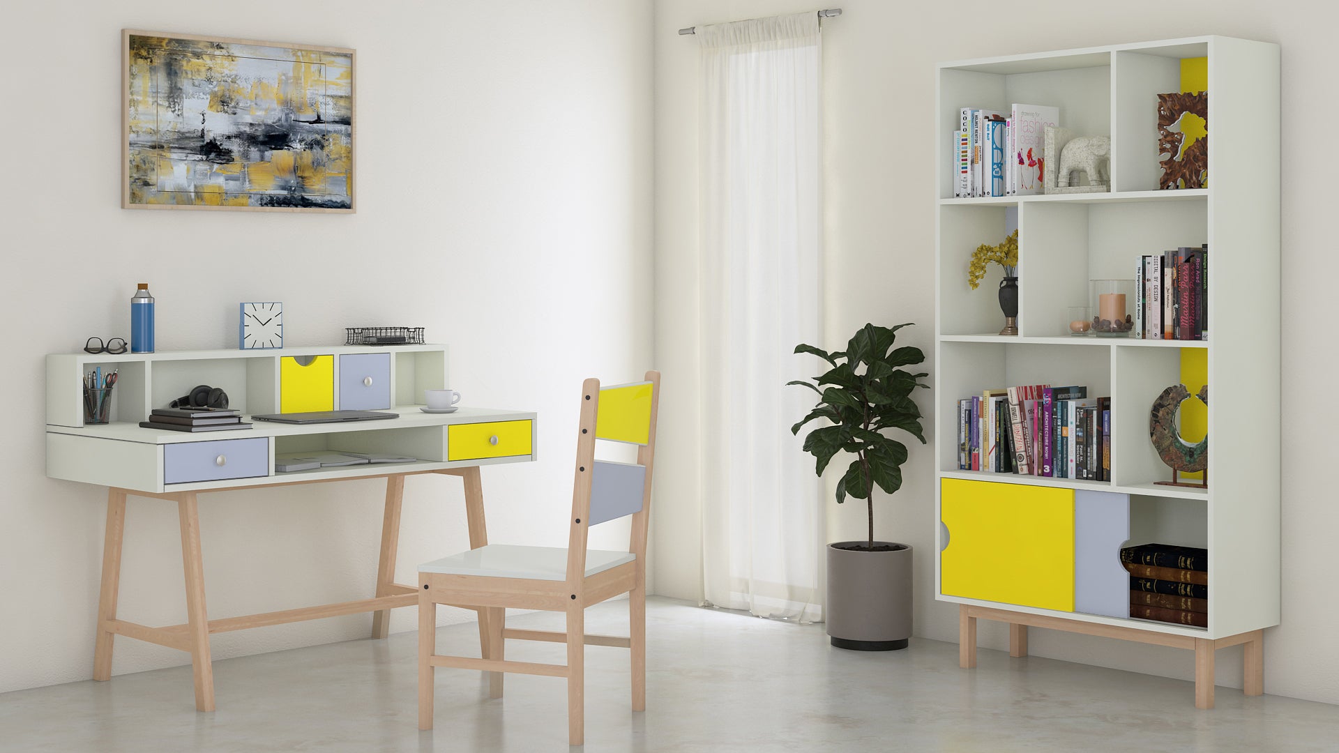 Adona Samara Solid Wood Large 2-Level Study Desk with Drawers, Shelves ...